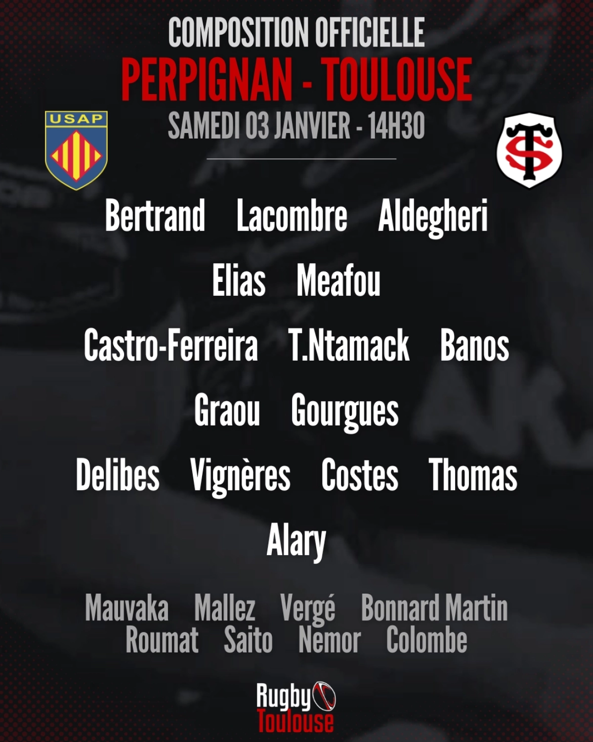 Perpignan - Toulouse : La compo officielle du Stade Toulousain dévoilée ...