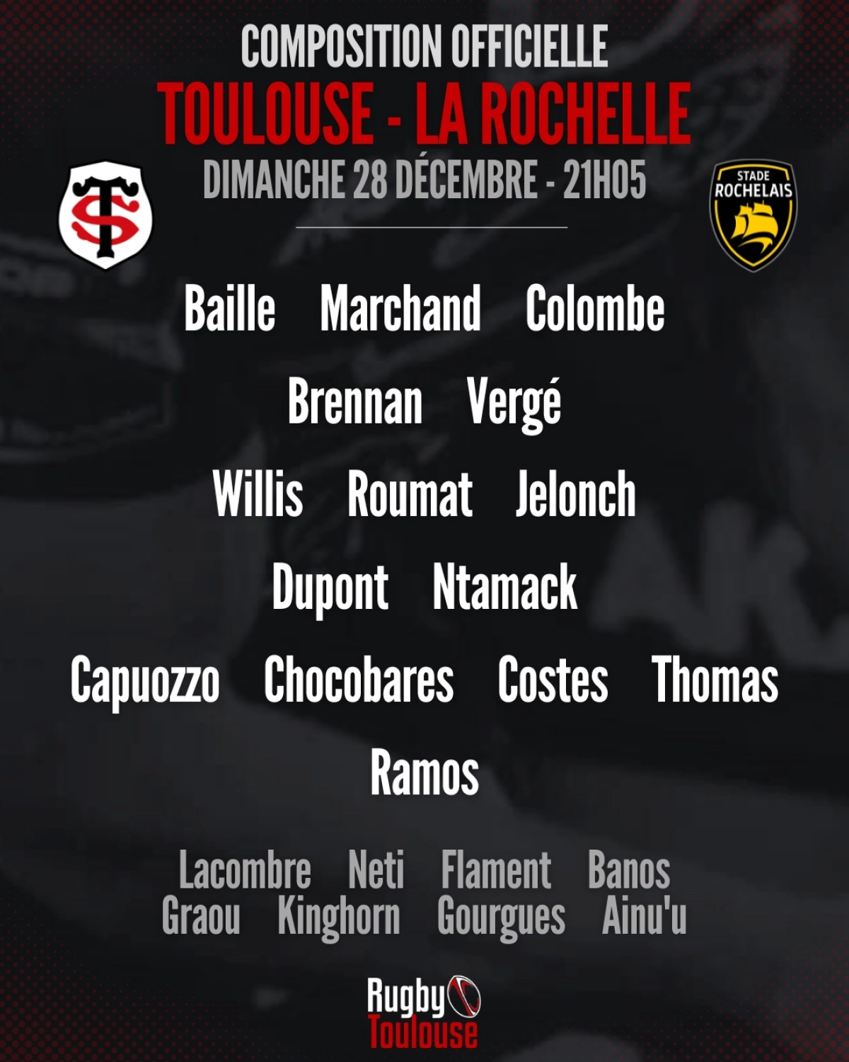 Toulouse - La Rochelle : La compo du Stade Toulousain révélée pour le ...