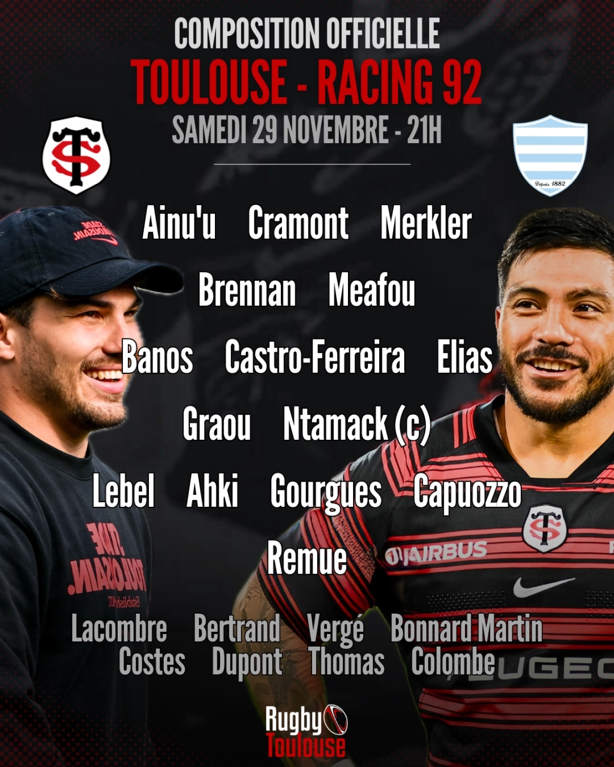 Toulouse - Racing 92 : La compo officielle du Stade Toulousain pour le ...