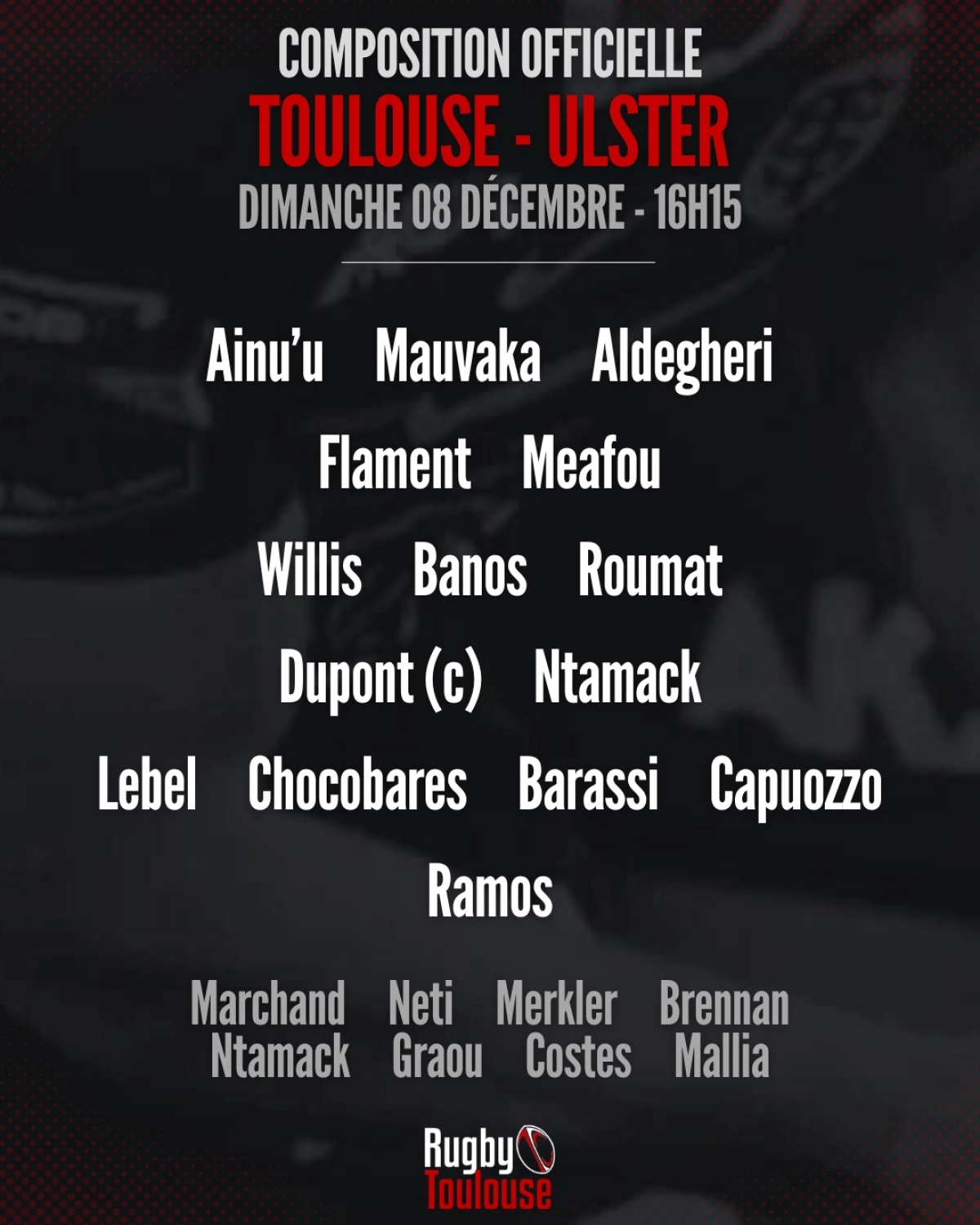 Toulouse Ulster : La composition du Stade Toulousain